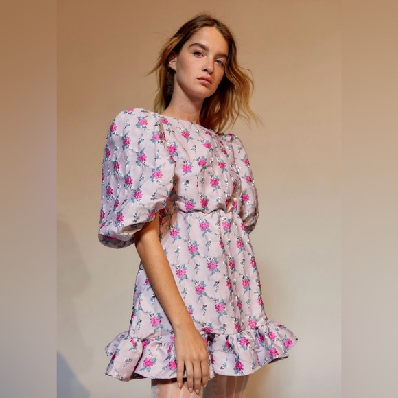 Sister Jane | Dresses | Sister Jane Saiph Floral Jacquard Puff Sleeve Open Back Mini Dress ...